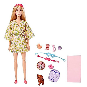 Barbie Self-Care Doll, Blonde Posable Spa Day Doll in Lemon Bathrobe with Puppy & Accessories Like Headband & Eye-Mask