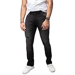 RAW X Men's Skinny Stretch Neon Trim Rip & Repair Jeans, Athletic Fit Destroyed Distressed Washed Denim Straight Leg Pants, Neon 90015 - Jet Black, 48W x 32L