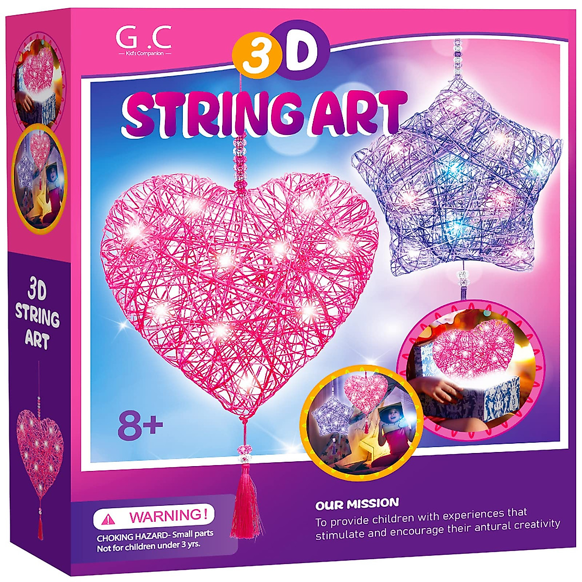 G.C 3D String Art Kit for Kids Arts and Crafts for 8 9 10 11 12 Year Old Girls Boys DIY Light up Heart Star Lantern Toys Birthday Gifts 20 Multi-Colored LED Bulbs