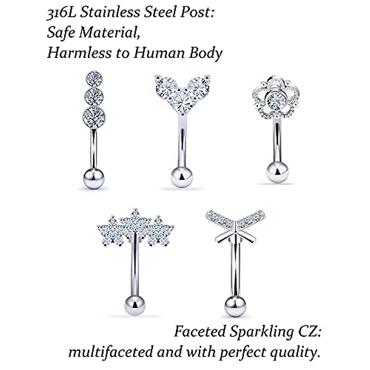 Vsnnsns 16G Rook Daith Piercing Jewelry Stainless Steel 8mm Curved Barbell Eyebrow Rings Helix Tragus Belly Lip Rings CZ Piercing Jewelry Cartilage Daith Rook Earrings for Women Men 12pcs Silve