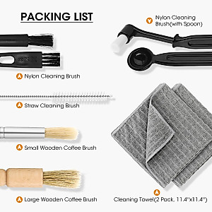 Aieve Coffee Cleaning Brush Set, 7 Pcs Espresso Coffee Brush Kit includes Cleaning Towel, Wooden Coffee Grinder Brush, Nylon Brush for Coffee Pot, Pasta Maker