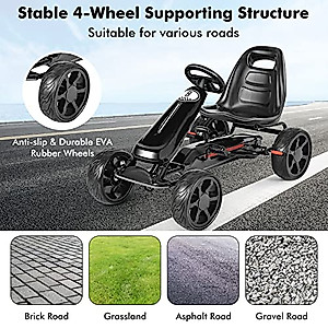 Costzon Kids Go Kart, 4 Wheel Powered Ride On Toy, Outdoor Racer Pedal Car with Clutch, Brake, EVA Rubber Tires, Adjustable Seat Gifts for Children(Black)