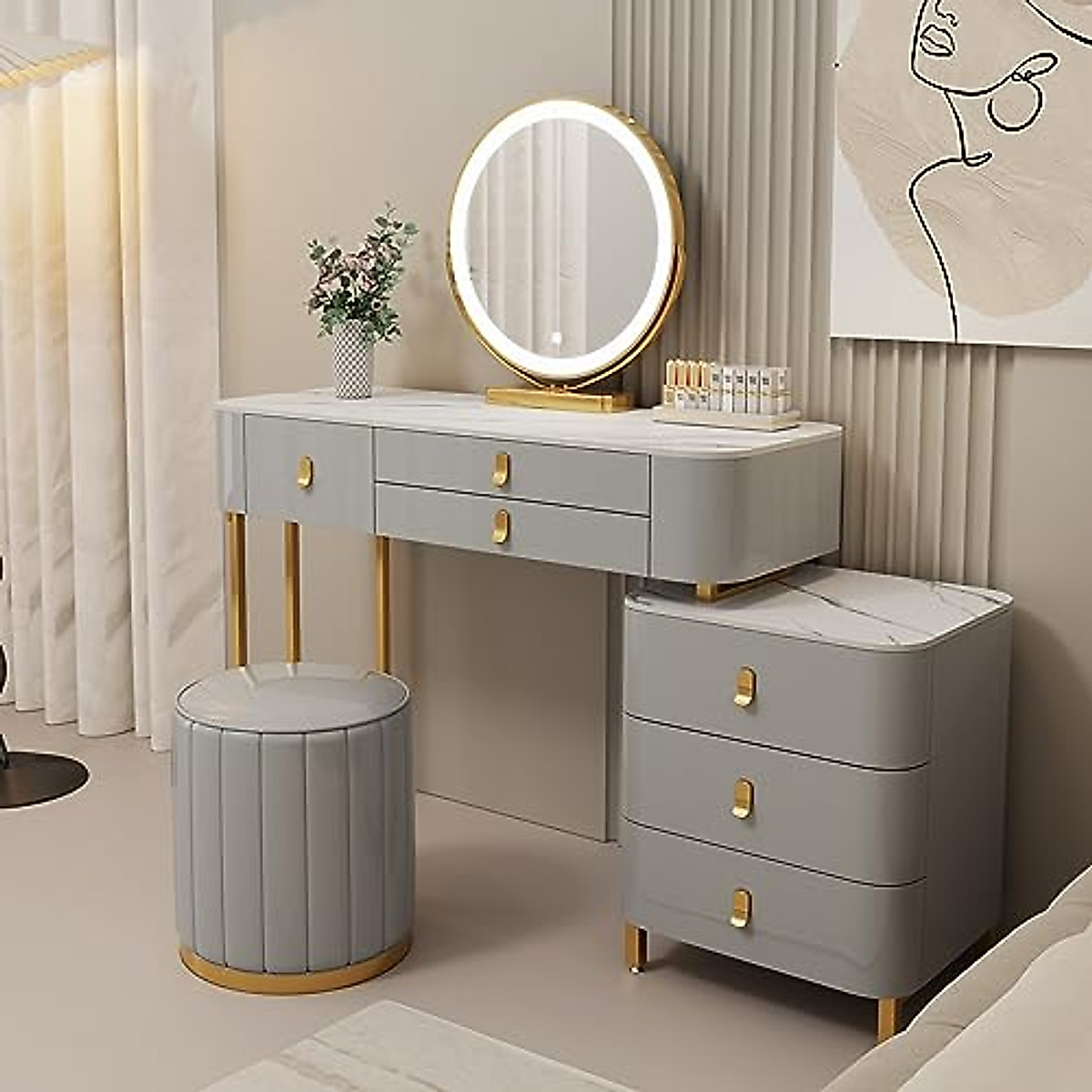 Winfree Makeup Vanity Table with 5 Solid Wood Drawers and Vanity Chair, 3 Color Light Adjustable Brightness, Including LED Makeup Mirror,for Family Bedroom, for Her (31.5“)