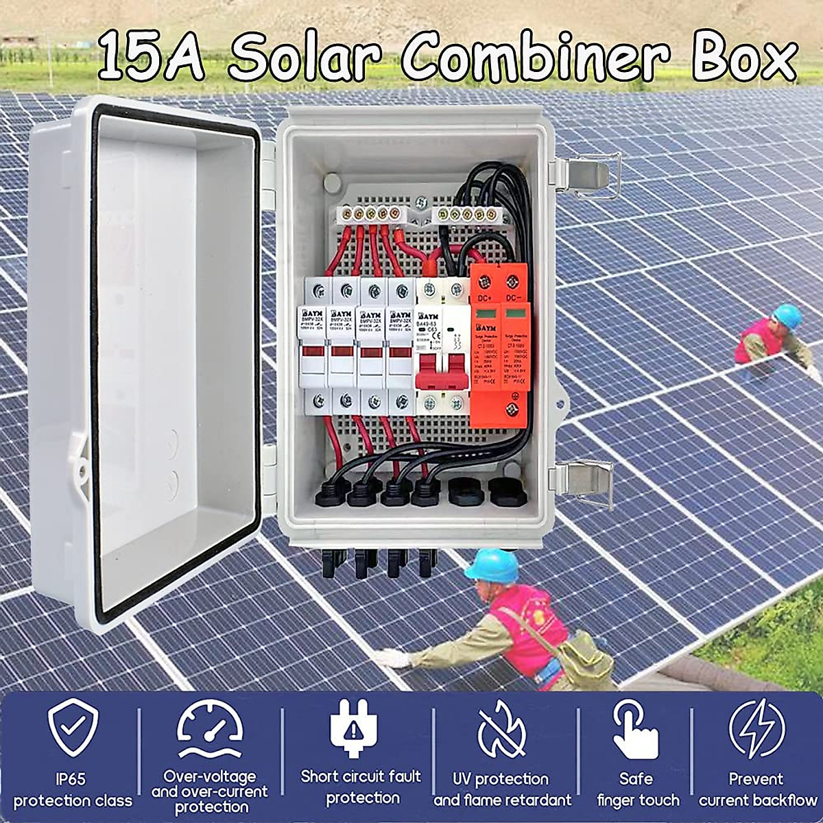 BAYM IP65 4 in 1 Out 15A 4 String Solar PV Array Plastic DC Combiner Box,4Pair Solar Connectors, Lightning Surge Protection, 63A 6ka MCB Lock Indicator,Waterproof Ventilation Valve