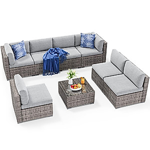 YITAHOME 8 Pieces Outdoor Patio Furniture Set, Sectional Sofa PE Rattan Wicker Conversation Set Outside Couch w/Table and Cushions for Porch Lawn Garden Backyard,Gray