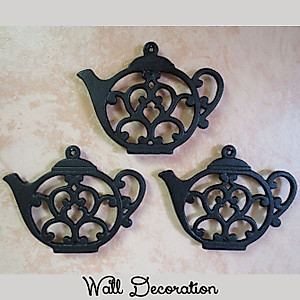 Teapot Cast Iron Trivet for Hot Pots & Kitchen & Dining Table, Gift for Home, Metal Wall Art & Home Decor, 2 or More for Set, Black, 8 by 6.1 Inches