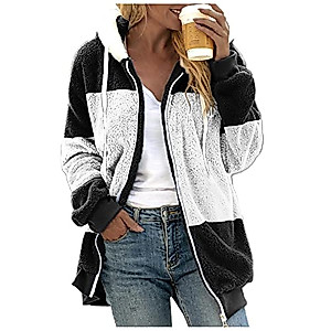 Winter Coats For Women, Shearling Jacket Fuzzy Loose Large Size Plush Multicolor Paneled Hooded Zip Jacket Fur Coats Women Faux Fall Jackets 2023 Ski With Hood, Jacket Coats (XL, White)