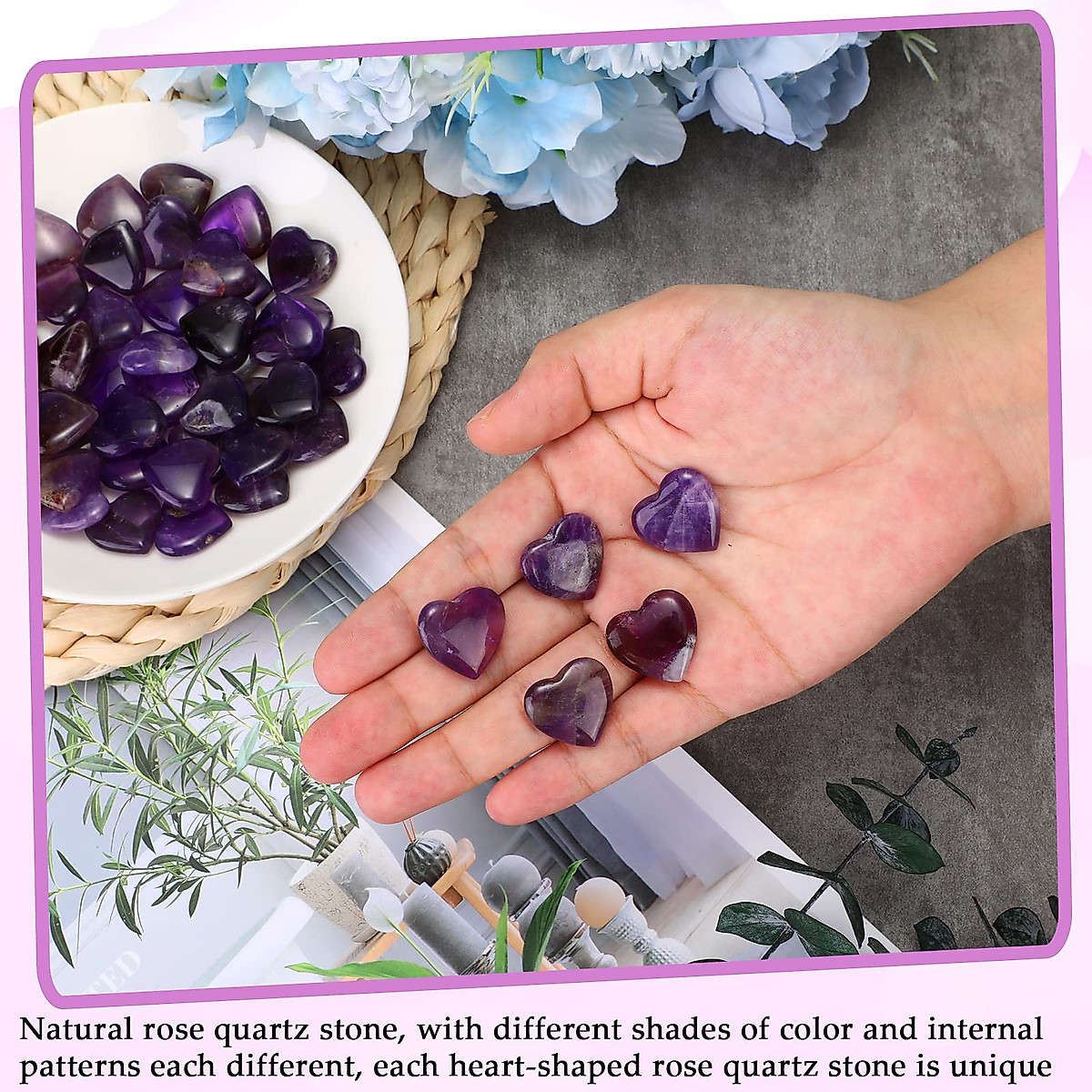 Gerrii 50 Pcs Heart Healing Stone Bulk Quartz Heart Inspirational Stones Gift for Women Love Pocket Polished Natural Energy Balancing Meditation 0.8 Inch(Purple)