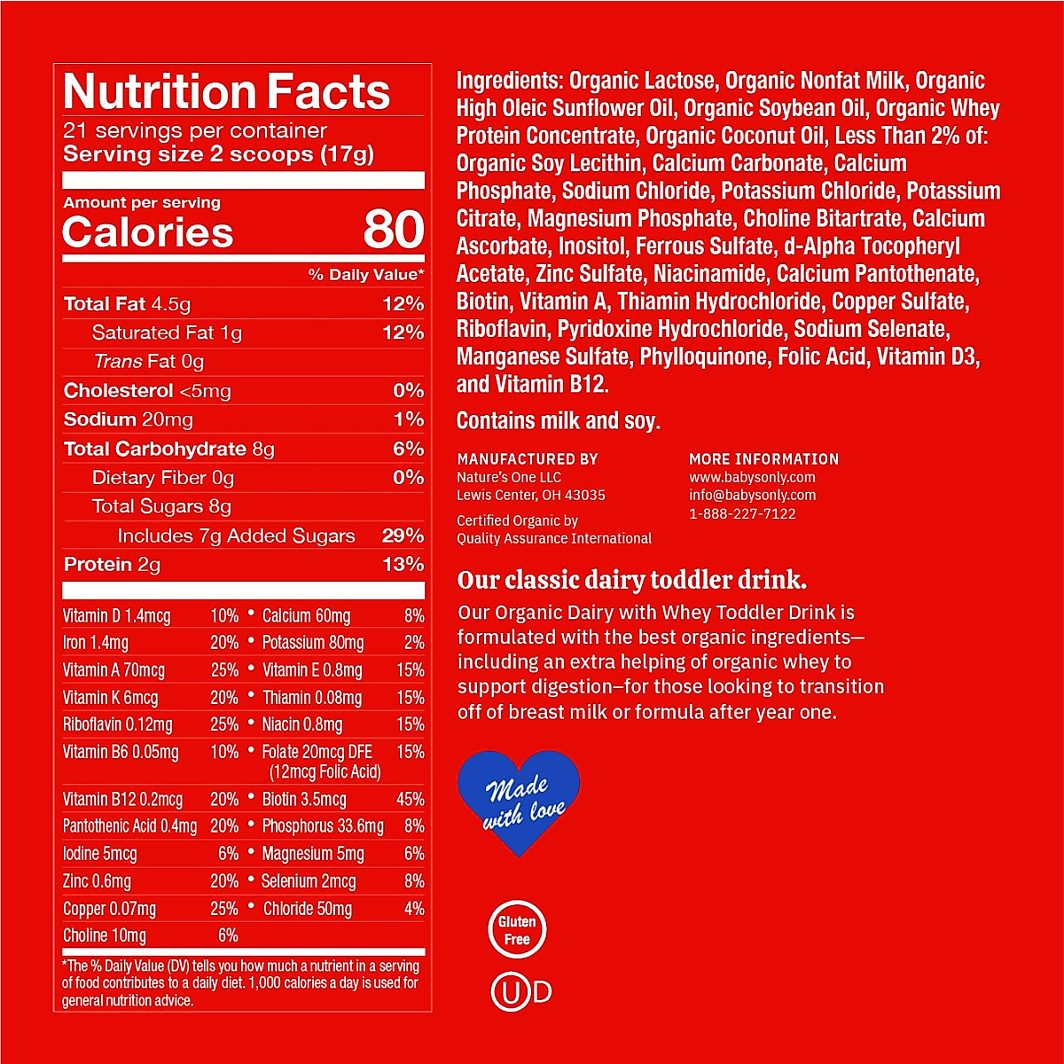 Baby's Only Organic Dairy with Whey Toddler Drink, Milk Powder with Extra Whey Protein, Iron, Vitamin D, Toddlers 12 Months Old and Up, Organic Toddler Drink, Easy to Digest, 12.7 oz, 6 Pack