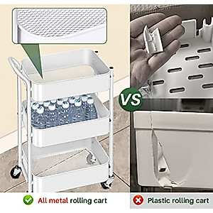 AOODA 3 Tier Under Desk Metal Rolling Cart with Handle and Lockable Wheels, 27'' Height Small Book Cart Mobile Art Cart Rolling Storage Organizer for Office, Bathroom, Kitchen, Nursery (White)