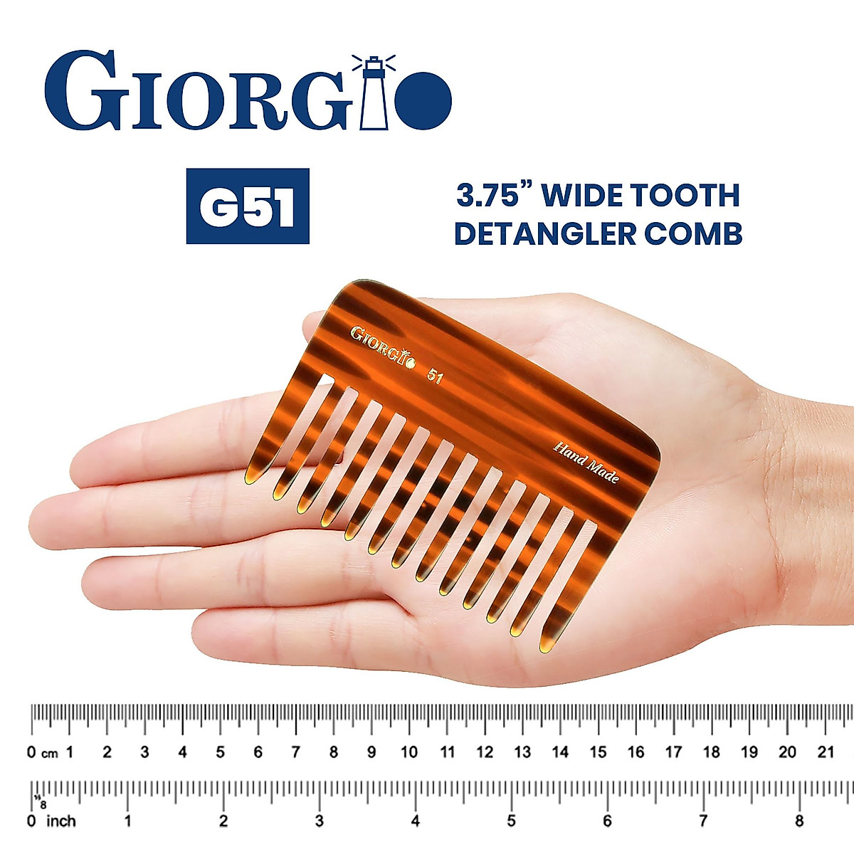 Giorgio G51 Small Travel Purse Hair Detangling Comb, Wide Teeth Pocket Comb for Thick Curly Wavy Hair. Hair Detangler Comb For Wet and Dry Everyday Care. Handmade of Cellulose, Saw-Cut Hand Polished