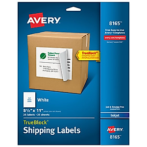 Avery Shipping Address Labels, Inkjet Printers, 25 Labels, Full Sheet Labels, Permanent Adhesive, TrueBlock (8165)