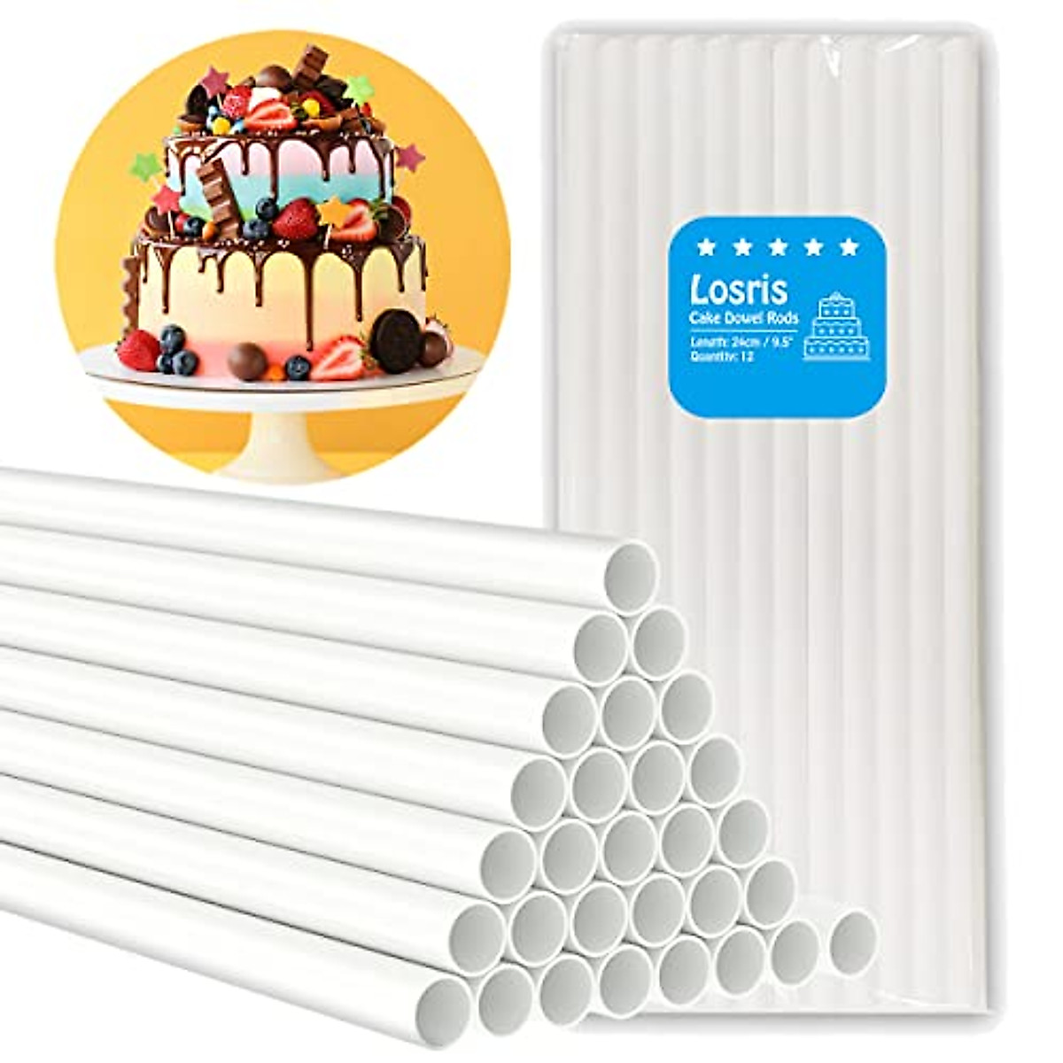 Losris White Plastic Cake Dowel Rods for Tiered Cake Supports 0.4 Inch Diameter Cake Sticks for Stacking Round Cake Straws (12inch-12pieces)