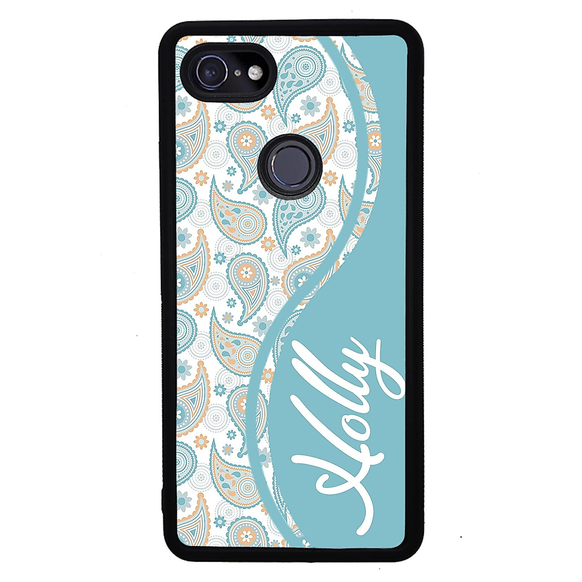 Teal Blue Orange Paisley Personalized Black Rubber Phone Case Compatible With Google Pixel 8 Pro, 8a, 8, 7a, 7, Pixel 7 Pro, 6a, Pixel 6 Pro, 6, 5, 4a 5G, 4a 4G, 4, 4 XL, 3a, 3a XL, 3, 3 XL, 2 XL