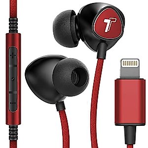 Thore iPhone Earphones (Apple MFi Certified) V110 in Ear Braided Wired Lightning Earbuds (Sweat/Water Resistant) Headphones with Mic/Volume Remote for iPhone 12/13/14 Pro Max - Red