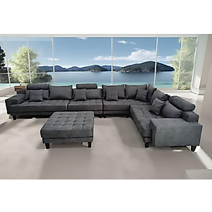 Stendmar 5-Piece L Shape/U Shape Living Room High Back with Headrest Reversible Contemporary Dark Grey Microfiber Fabric Sectional Couch Sofa Set S150D5A