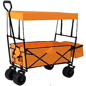 Heavy Duty Collapsible Cart, Foldable Cart Outdoor Utility Wagon w/4 * 7'' All-Terrain Wheels & Adjustable Handle & Extra Canopy & 2 Mesh Bags for Camping Fishing, Dog Wagon (Orange)