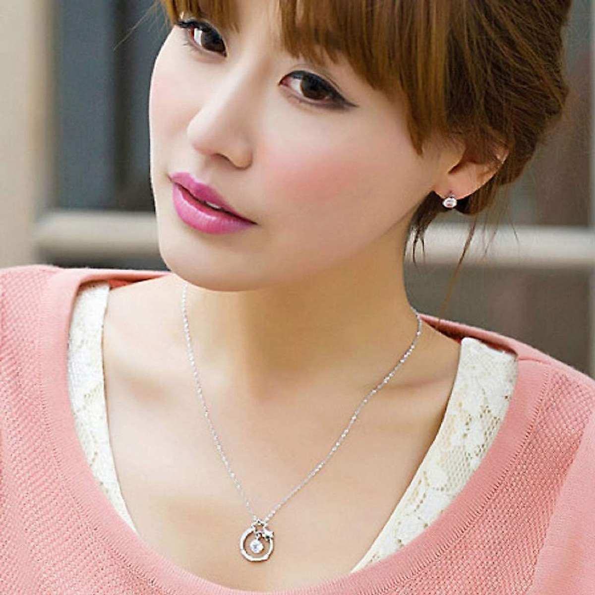 Necklaces Jewelry, Fashion Elegant Retro Silver Plated Round Cubic Zirconia Pendant Hollo Necklace Chain Necklace Gift (Silver)