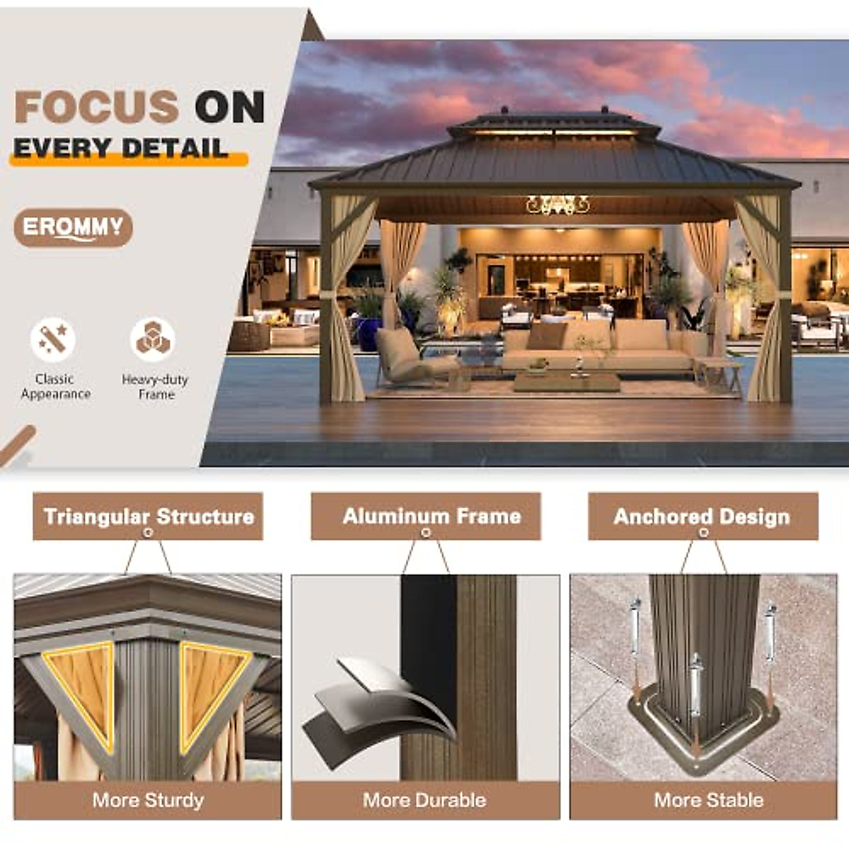 EROMMY 10'x13' Hardtop Gazebo Double Roof Galvanized Steel Canopy Outdoor Aluminum Frame Permanent Metal Pavilion with Netting and Curtains for Patio Backyard Deck and Lawns