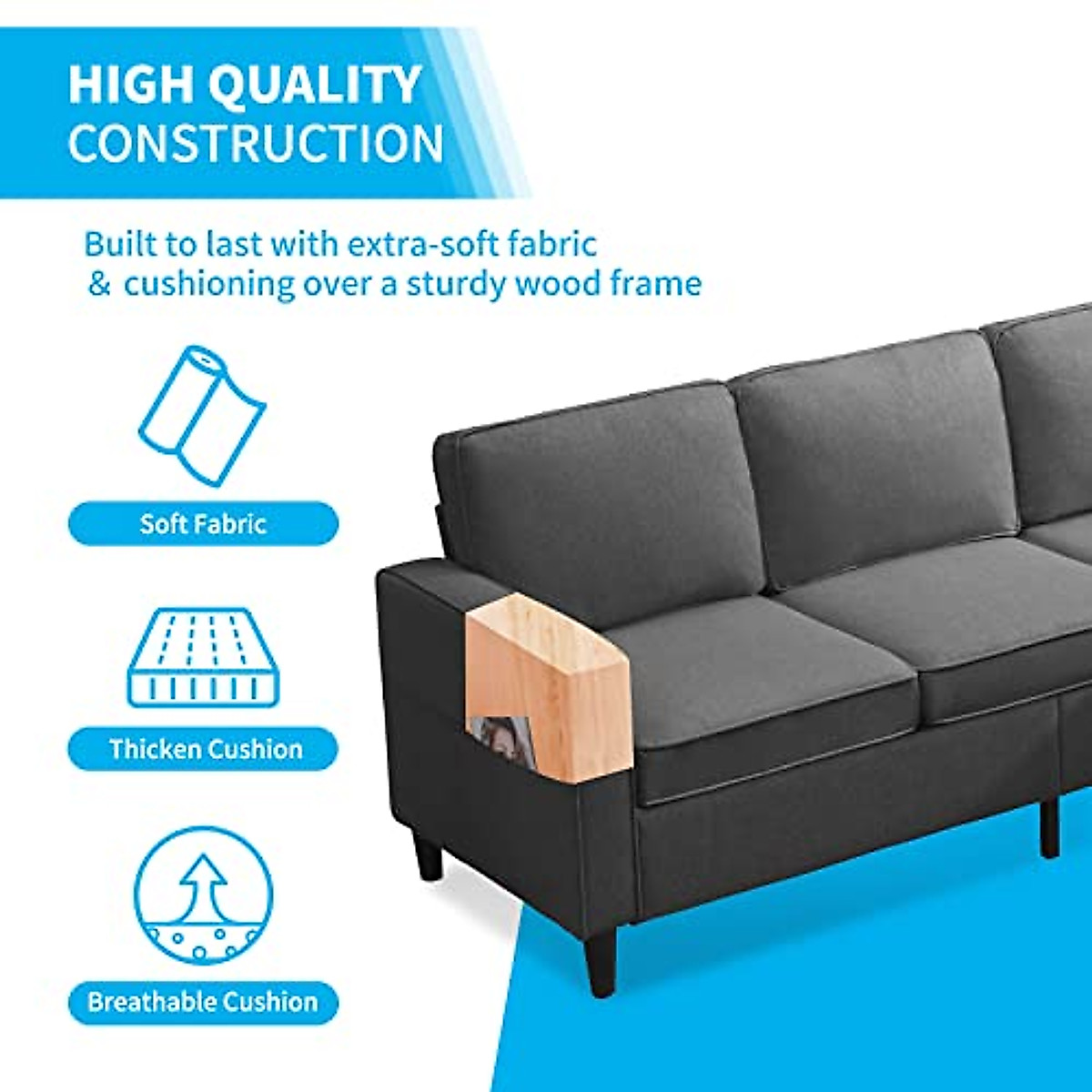 Horgaeo Convertible Sectional Sofa Couch, 3-Seat L-Shaped Couch with Storage Ottoman, Wooden Legs Modern Linen Fabric Reversible Chaise for Living Room, Bedroom, Apartment (Dark Grey) 78''