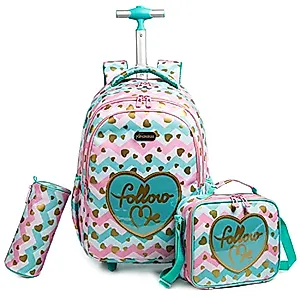 Egchescebo Girls Rolling Backpacks with Wheels 3PCS Heart Backpack Set for School Wheeled Luggage Suitcase Lunch Box Pencil Case Large Capacity Bookbag Adjustable Trolley for Elementary Travel Pink