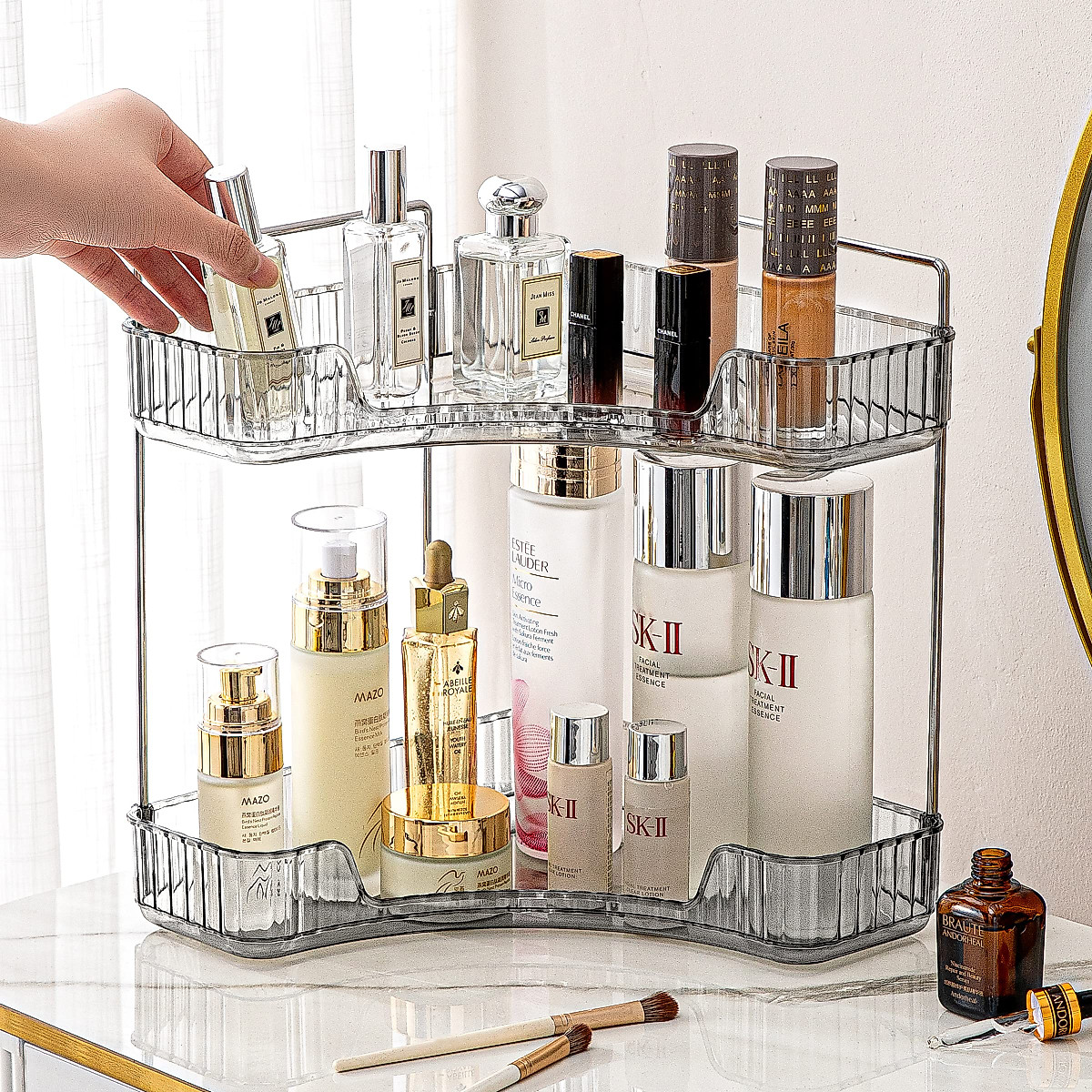 INVSSENE Corner Bathroom Countertop Organizer, 2 Tiers Vanity Trays for Bathroom Counter, Makeup Organizer, Perfume Tray, Kitchen Spice Rack, Fits 90 Corner, Smoky Gray