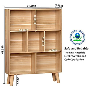 LEYAOYAO Wooden 7 Cube Book Shelf, Natural 3 Tier Bookshelf with Legs, Modern Open Storage Organizer,Boho Bookcase,Display Cabinet Shelf Free Standing Bookshelves for Bedroom,Living Room,Office