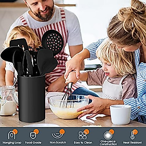 Kitchen Utensils Set, E-far 15-Piece Silicone Cooking Utensils with Holder, Non-stick Cookware Friendly & Heat Resistant, Includes Ladle Spatula Spoon Slotted Turner for Cooking & Baking (Black)