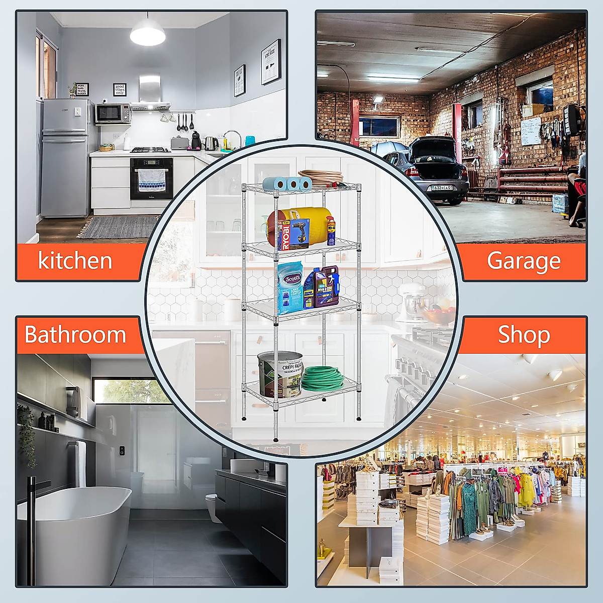 FDW 18L x 12W x 44H Wire Shelves with 4 PP Sheets Metal Shelf Storage Shelves 4 Tier Layer Storage Shelves for Laundry Bathroom Kitchen Garage,Chrome