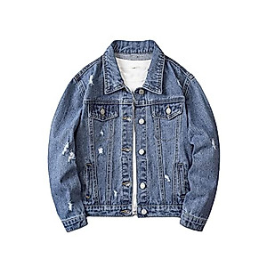 Verdusa Boy's Ripped Long Sleeve Button Front Denim Jacket Coat Outerwear Medium Wash 130