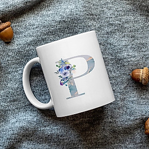 Monogram Letter P Coffee Mugs Marbling Letter Blue Flower Funny Coffee Mugs Alphabet Letters Porcelain Coffee Mugs Drinking Cups with Handle Friendship Gift For Mom Dad Grandma Grandpa Women Men 11oz