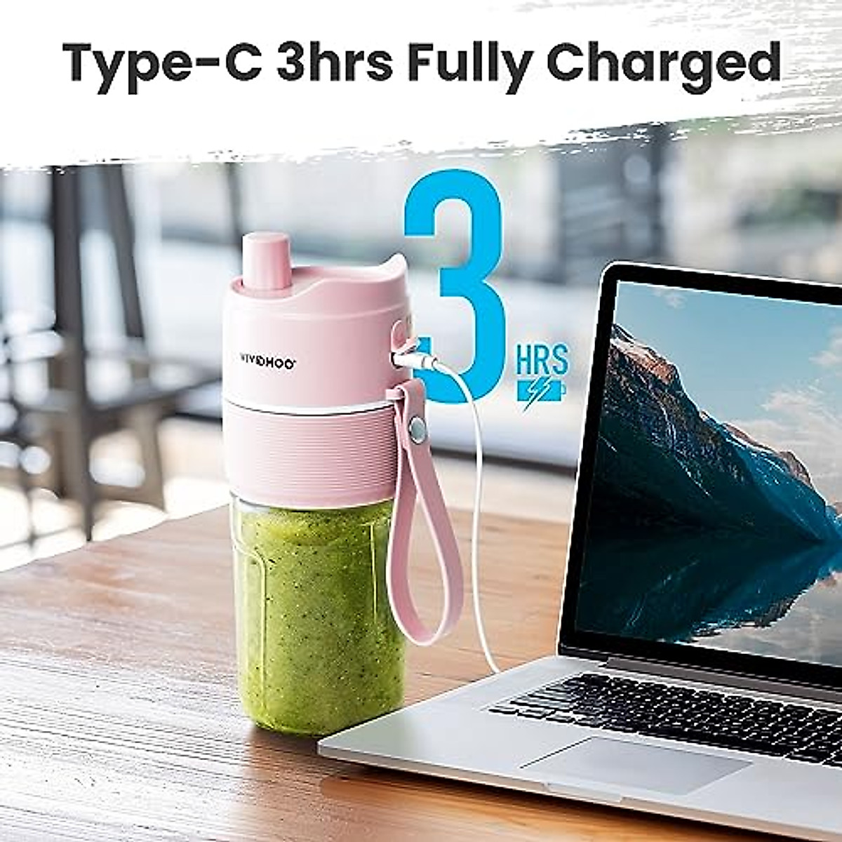 Pink Personal Blender - Portable Shakes & Smoothies Maker, 16 Oz, USB Rechargeable, Fresh Juicer