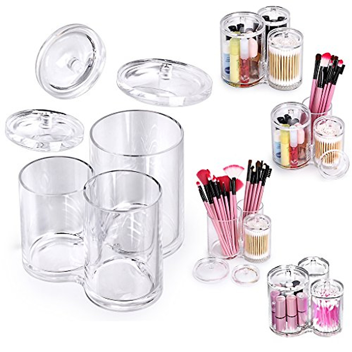 Hipiwe Clear Acrylic Cotton Swab Holder Preminm Quality Round Container Cotton Pad Q-tip Organize Case for Make Up Brush Clear Apothecary Jar