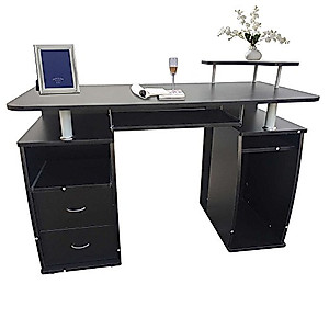 Kcelarec Computer Desk with 2 Drawers, Wooden Home Office Desk Writing Study Desk with Open Shelves and Keyboard Tray Black