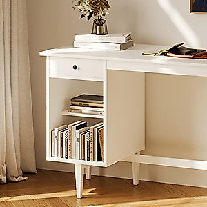 White Desk with Drawers & Shelves,43-inch Small Desk for Bedroom White Vanity Desk with Storage Drawer,Modern Home Office Computer Desk
