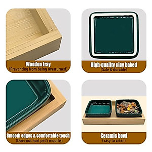 Acsist 4PCS Ceramic Hamster Bowl with Wood Stand Stylish Square Bunny Food Bowl Anti-Tipping Guinea Pig Water Bowl Dish for Rabbits Ferrets Chinchillas Hedgehogs Small Animal (Green)