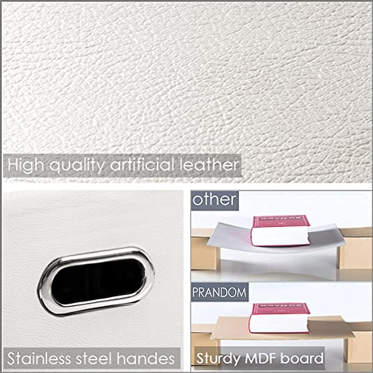 PRANDOM Leather Foldable Cube Storage Bins 13x13 inch [4-Pack] Fabric Storage Baskets Cubes Drawer with Cotton Handles Organizer for Shelves Toy Nursery Closet Bedroom Clothes White