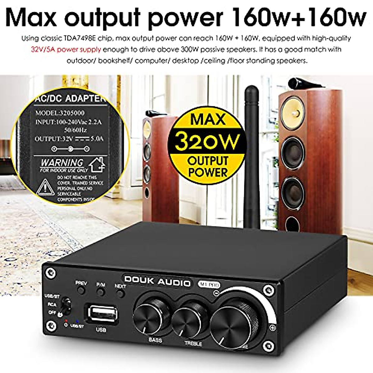 Douk Audio M1 PRO 320W Bluetooth Power Amplifier, 2 Channel Audio Amp, Wireless Receiver, for Home Stereo Speakers/Active Subwoofer, with Treble & Bass Control/U-Disk Music Player