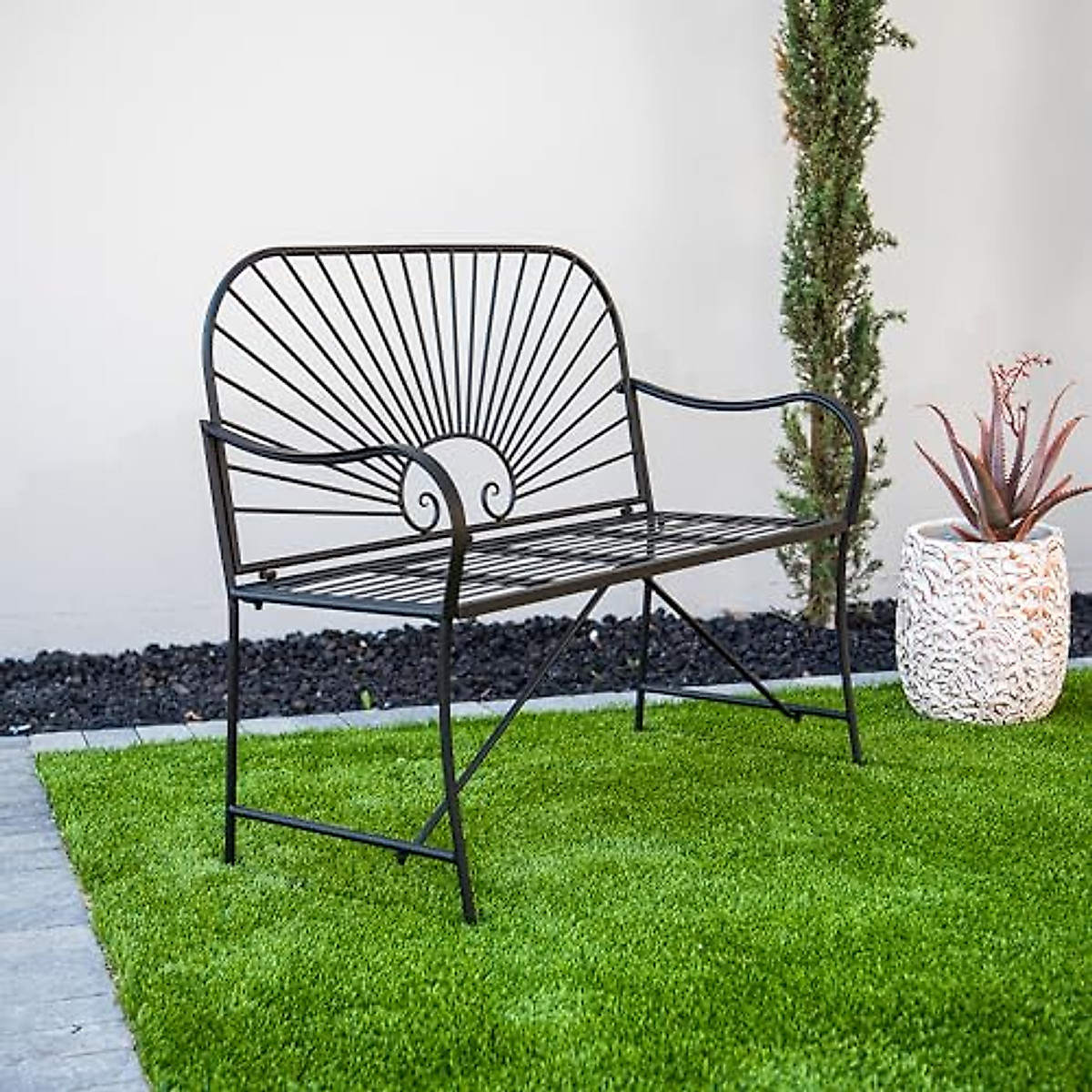 XBrand 44" L Iron Sun-Patterned Seat for Two Indoor/Outdoor, Durable Patio Bench, Black