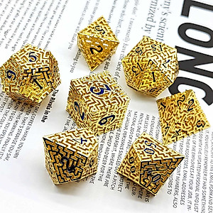 DND Dice Set D&D Metal Dungeons and Dragons Hollow Dice Tabletop Games Polyhedral Pathfinder Multi Sided Roleplaying RPG MTG 7 Board Accessories Gifts D4 D6 D8 D10 D12 D20 (Golden Blue)