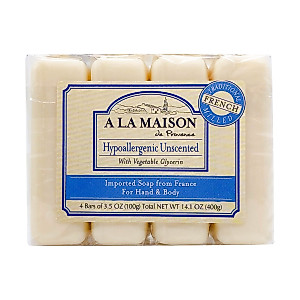 A LA MAISON - Triple French Milled Unscented Natural Moisturizing Hand Soap Bar (4 Bars of Soap, 3.5 oz) (4 Bars, 3.5 oz, Goat Milk)