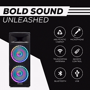 Dolphin SPX-280BT - Powerful DEEP BASS | Dual 15" Woofers, 6500W - Bluetooth Cabinet PA Speaker System with LED Light Show, Ground Shaker, Wireless Mic