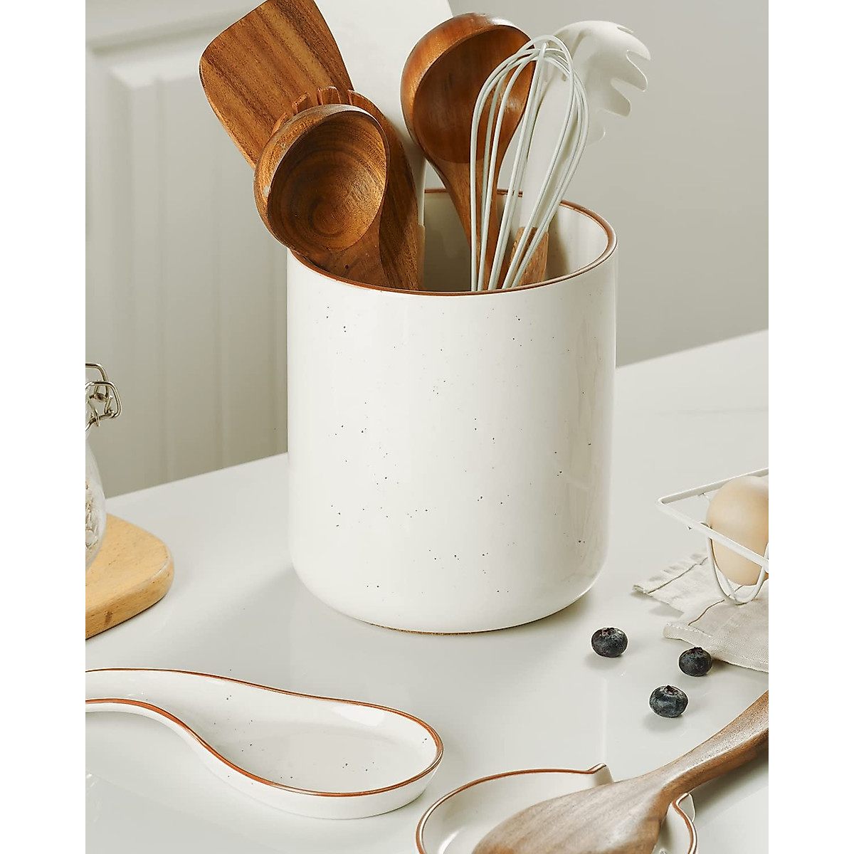 getstar Kitchen Utensil Holder, Large Ceramic Cooking Utensil Holder (H7.2” x W6.2”) for Kitchen Counter with Cork Mat at Bottom, Farmhouse Kitchen Decor