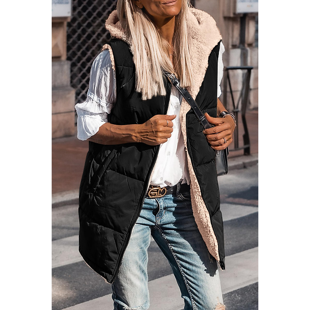 PRETTYGARDEN Womens 2025 Fall Reversible Vests Sleeveless Fleece Jacket Zip Up Hoodie Pockets Long Warm Winter Coat Outerwear (Black,Small)