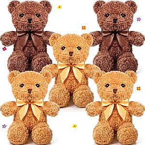 5 Pcs Bears Stuffed Animal Soft Plush Toys 12 Inches Cute Bear Small Shaggy Bear with Hoodie Bow Tie for Kids Boys Girls Baby Shower Birthday Party (Light Brown, Dark Brown, Bow Tie Style)