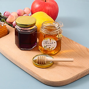 BIGIVACA 3 Ounce Hexagonal Mini Glass Honey Jar with Wooden Dips, 30 Honey Jars with Gold Lid, Bee Pendant, Jute, 35 Bees Stickers, Great for Baby Showers, Party Gifts, Wedding Gifts