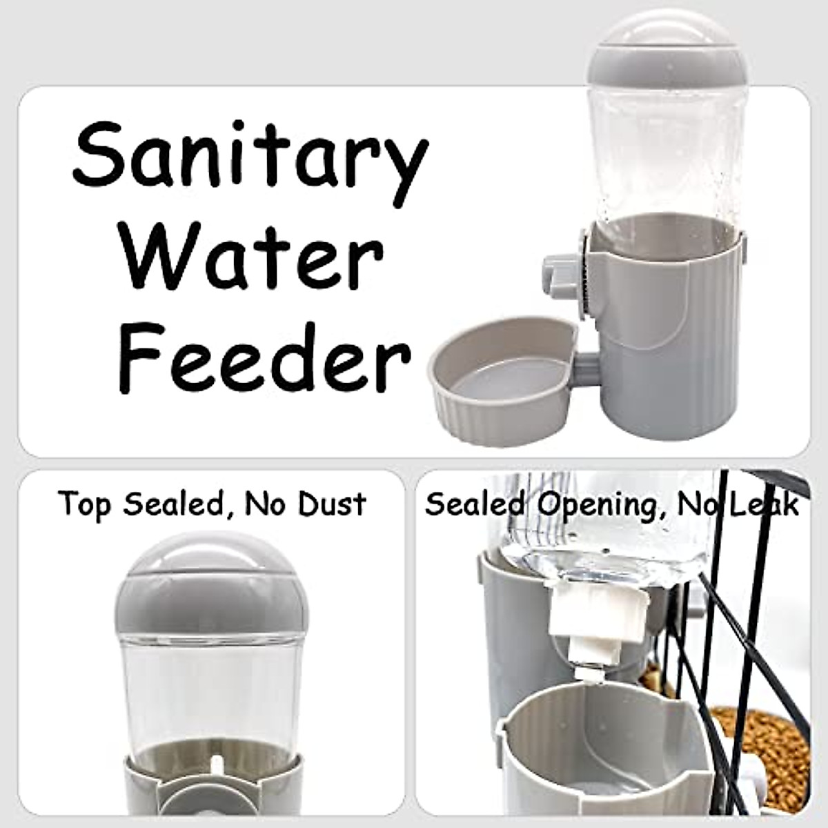 Tfwadmx Rabbit Watter Bottle 17oz Hanging Guinea Pig Automatic Water Dispenser No Drip Small Animal Cage Water Feeder Bowl for Bunny Chinchilla Hedgehog Ferret 2PCS (Grey)