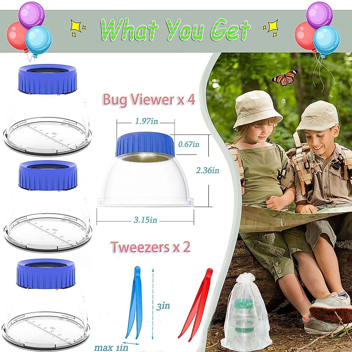 RORANIC 3X Magnifier Bug Viewer,Built-in 8 Air Holes 7cm Ruler with Blue & Red Slant Tweezers, Bug Catcher Kit for Kids Science Education Nature Exploration