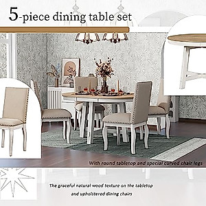 Lifeand 5-Piece Farmhouse Set Round Extendable Table and 4 Upholstered Dining Chairs Natural Wood, Oak+ Antique White