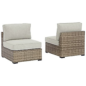 Signature Design by Ashley Outdoor Calworth Resin Wicker Patio Armless Chair, 2 Count, Beige